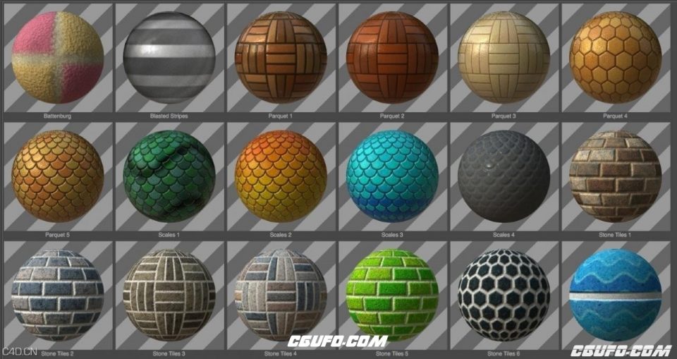 340个C4D材质贴图预设包-石头砖块玻璃钢铁金属塑料布料皮革木纹发光 - CGUFO