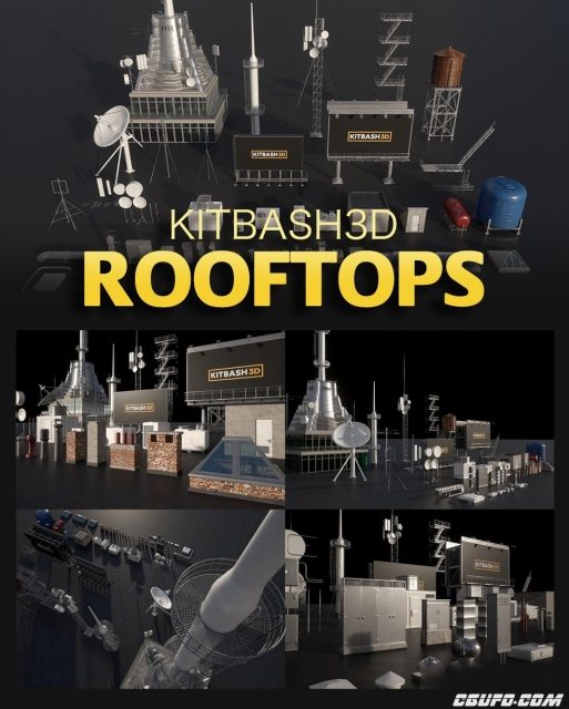 20个C4D/E3D屋顶设施模型:屋顶天线广告牌水塔 Kitbash3D – Props: Rooftops - CGUFO